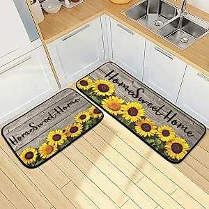Sunflowers Wooden Kitchen Rugs Non-Slip Fall Kitchen Mat for Floor Farmhouse Kitchen Decor Accessories 2 PCS Comfort Foam Rug Doormats Standing Mat