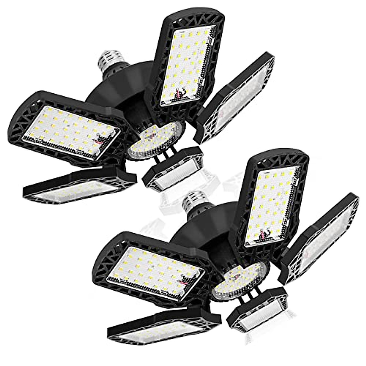 FBIRUNYI 2 Pack LED Garage Lights, 150W 15000LM 6500K Deformable LED Garage Ceiling Light Shop Lights with 5+1 Multi-Position Panels for Garage Workshop Basement Support E26/E27 Screw Socket