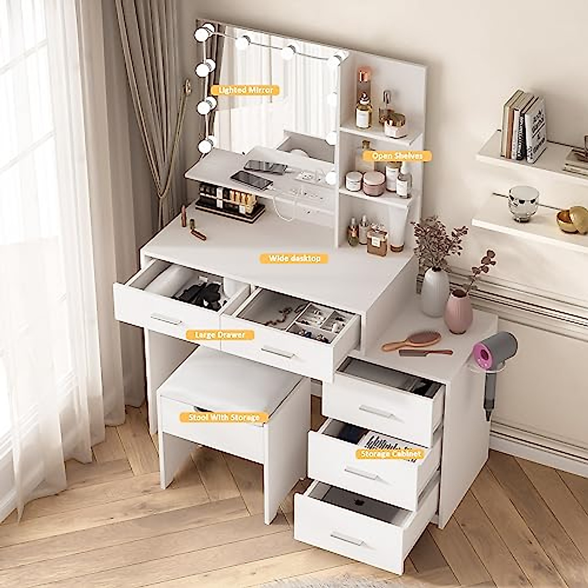 Maupvit Vanity Desk with Mirror and Lights, White Vanity with Bedside Table, 5 Drawers Large Capacity, Metal Silver Handle, Makeup Vanity with 10 Led Lights And Charging Station (White)