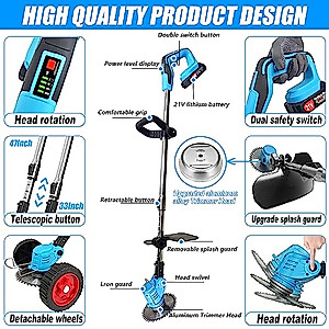 Cordless Weed Wacker Electric Weed Eater with 2 x 21V/2.0Ah Battery Powered and Charger, 3-in-1 Lightweight Brush Cutter Edger Lawn Tool No-String Grass Trimmer Push Wheeled Lawn Mower for Yard Garden