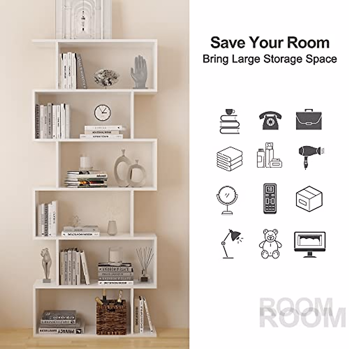 Boloni Geometric Bookcase with 2 Bookends, 6 Tier Modern Bookshelf, 76in Tall White Bookshelf, Freestanding Lego Display Shelves