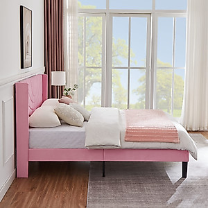 VECELO Full Size Upholstered Platform Bed Frame with Fabric Headboard,Wooden Slats Support/No Box Spring Needed/Mattress Foundation/Easy Assembly,Pink