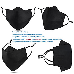 3-Ply Organic Cotton Cloth Face Mask Reusable Washable, Face Masks Adjustable Ear Loops Nose Wire Filter Pocket, Pack of 3 No Fog/Dust for Unisex Adult (3 Black)