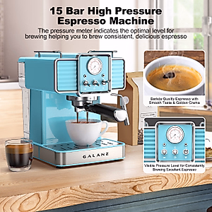 Galanz Retro Espresso Machine with Milk Frother, 15 Bar Pump Professional Cappuccino and Latte Machine, 1.5L Removable Water Tank, Retro Blue, 1350 W