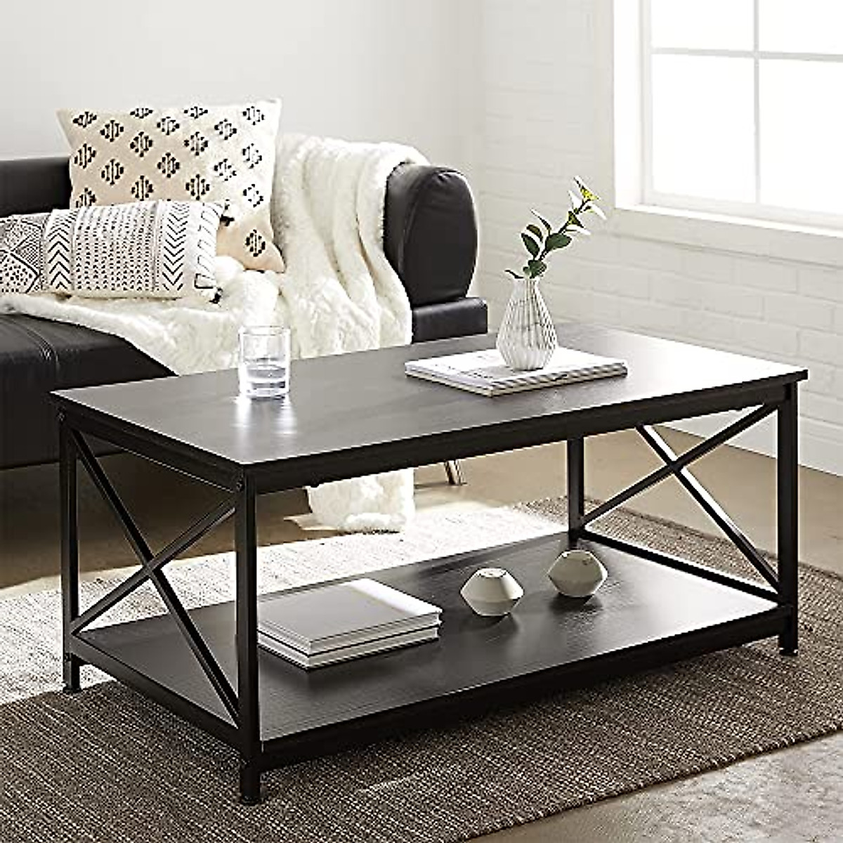 Coral Flower 39.5 Inches Coffee Table with Metal Frame,Clean,Contemporary Design Meets Rustic Industrial Style for Living Room, Office, Black