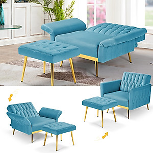 ACMEASE 2 Pieces Velvet Sofa Set with Adjustable Armrest and Backrest, 70” Convertible Futon Sofa Bed & Mordern Accent Chair with Ottoman for Living Room, Bedroom, Yellow