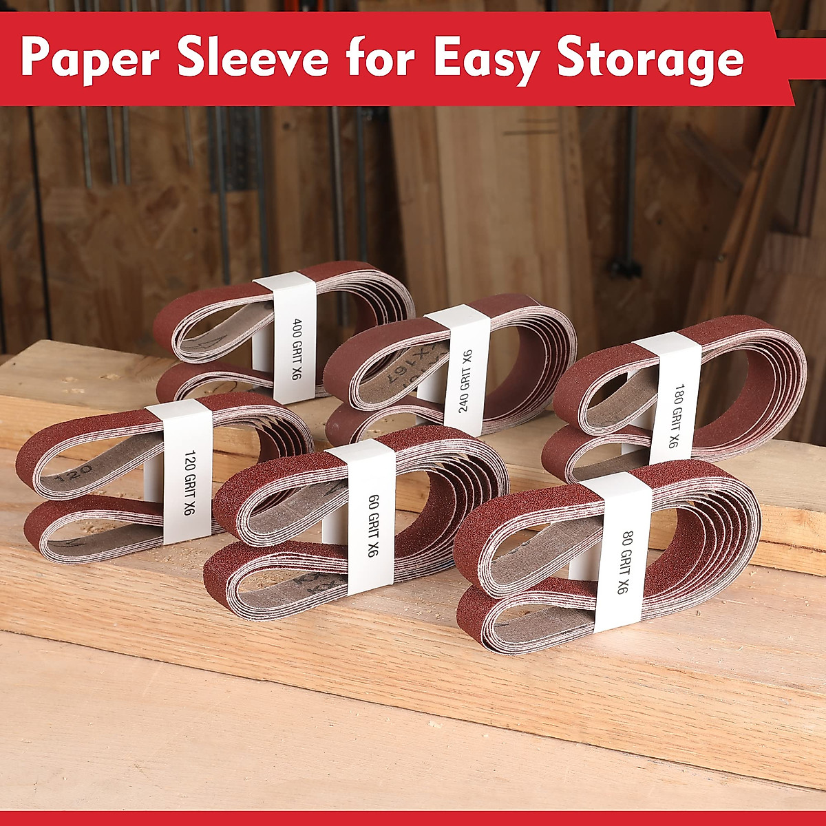 WORKPRO 36 Pack 1 x 30 Inch Sanding Belts, Sandpaper Kit, Aluminum Oxide Abrasive Belts, 6 PCS Each of 60/80/120/180/240/400 Grit, Belt Sander Tools for Woodworking, Metal Polishing, Knife Sharpening