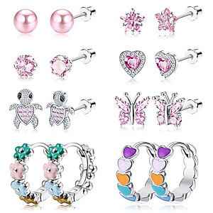 Jstyle 8 Pairs Hypoallergenic Screw Back Earrings for Girls Women 316L Stainless Steel Heart CZ Flower Butterfly Screwback Stud Earrings Cute Hoop Earring Set-Butterfly Style