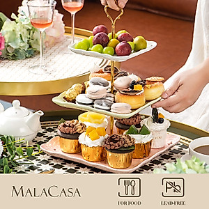 MALACASA 3 Tier Cupcake Stand, Porcelain Tiered Cupcake Tower Stand, Square Embossed Dessert Stand Serving Trays for Tea Party and Wedding, Multicolor Display Stand, Series Sweet.Time
