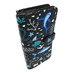 Shag Wear Shark Pattern Large Beach Wallet for Women and Teen Girls Vegan Faux Leather Black 7"