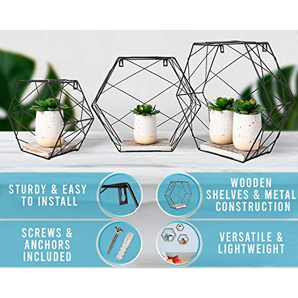 Comfify Industrial Wall Mounted Honeycomb Floating Shelves Set of 3 Decorative Hexagon Metal Wire Shelves – Large, Medium and Small - Modern Shelves for Home, Office and More - Rustic White