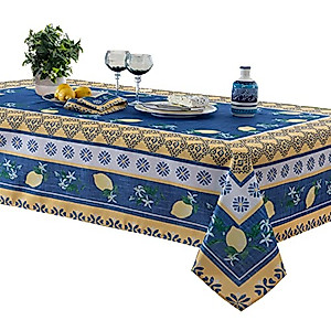 Home Bargains Plus Provence Blue Lemon Mediterranean Garden Country French Fabric Tablecloth, Indoor Outdoor, Stain and Water Resistant, Wrinkle Free Tablecloth, 60” x 144” Oblong/Rectangle
