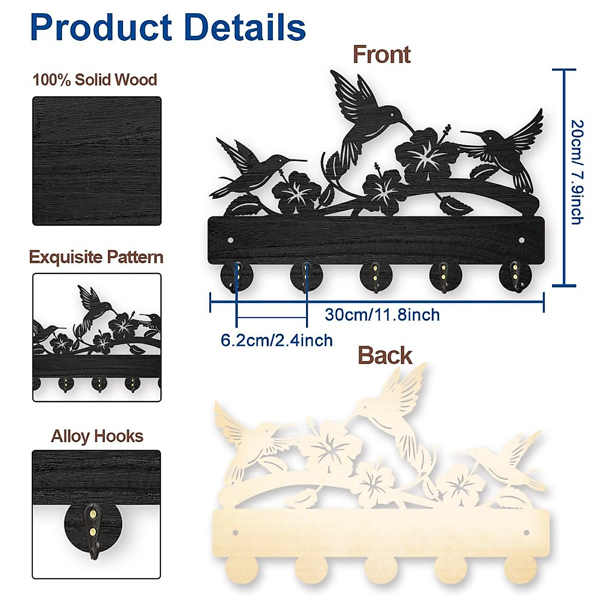 MAYJOYDIY Wood Bird Flower Coat Rack Wall Mounted 11.8×7.9inch Self-Adhesive Hummingbird Key Holder for Wall Black Birds Hooks Wall Art Decor 5 Alloy Hooks for Entryway Living Room Camping Gift