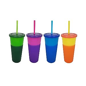 Essential Drinkware 24oz Instant Color Changing Cups Set of 4 Reusable Plastic Tumblers with Screw on Lids and Color Straws