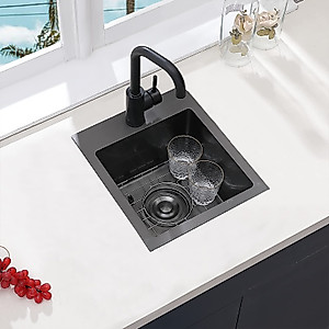 VCCUCINE Black Bar Sink Drop in, 13 x 15 Inch Topmount RV Small Kitchen Sink, Handmade Stainless Steel Wet Bar Sink, Outdoor Single Bowl Prep Sink with Dish Grid & Drain