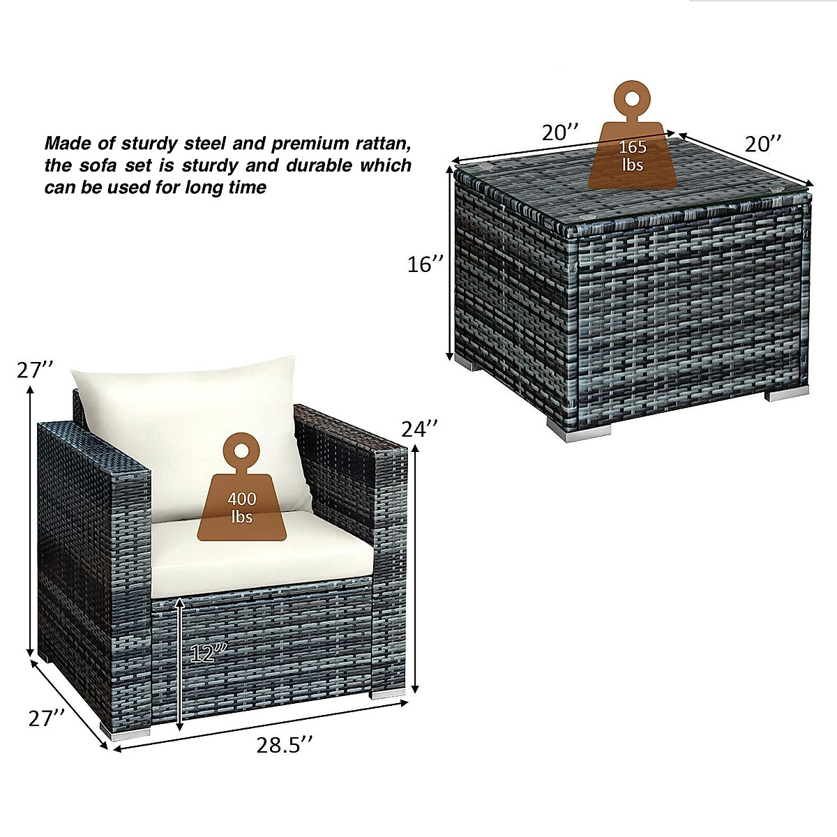 3PCS Patio Furniture Set Outdoor Conversation Set 2 Single Sofa 1 Coffee Table Thick and Soft Cushion Wide Armrest Strong Sturdy Steel Frame Perfect for Backyard Deck Balcony Terrace Poolside Use