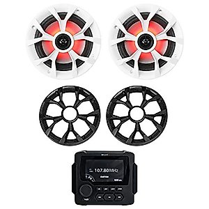 MB Quart GMR-LED Gauge Hole Marine Receiver Bluetooth AM/FM/Weather Band/USB Bundle with Pair Rockville RKL65MBW 6.5" 700w Marine Boat Speakers w/LED with Black/White Grilles
