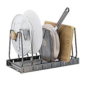 Pot Organizer Rack for Under Cabinet, Kitchen Pot and Pan Organizer Rack Holder with 1 Drip Pan & 7 Dividers Adjustable Pot Lid Organizer for Cabinet, Bakeware, Cookie Sheet and Cutting Board (Black)
