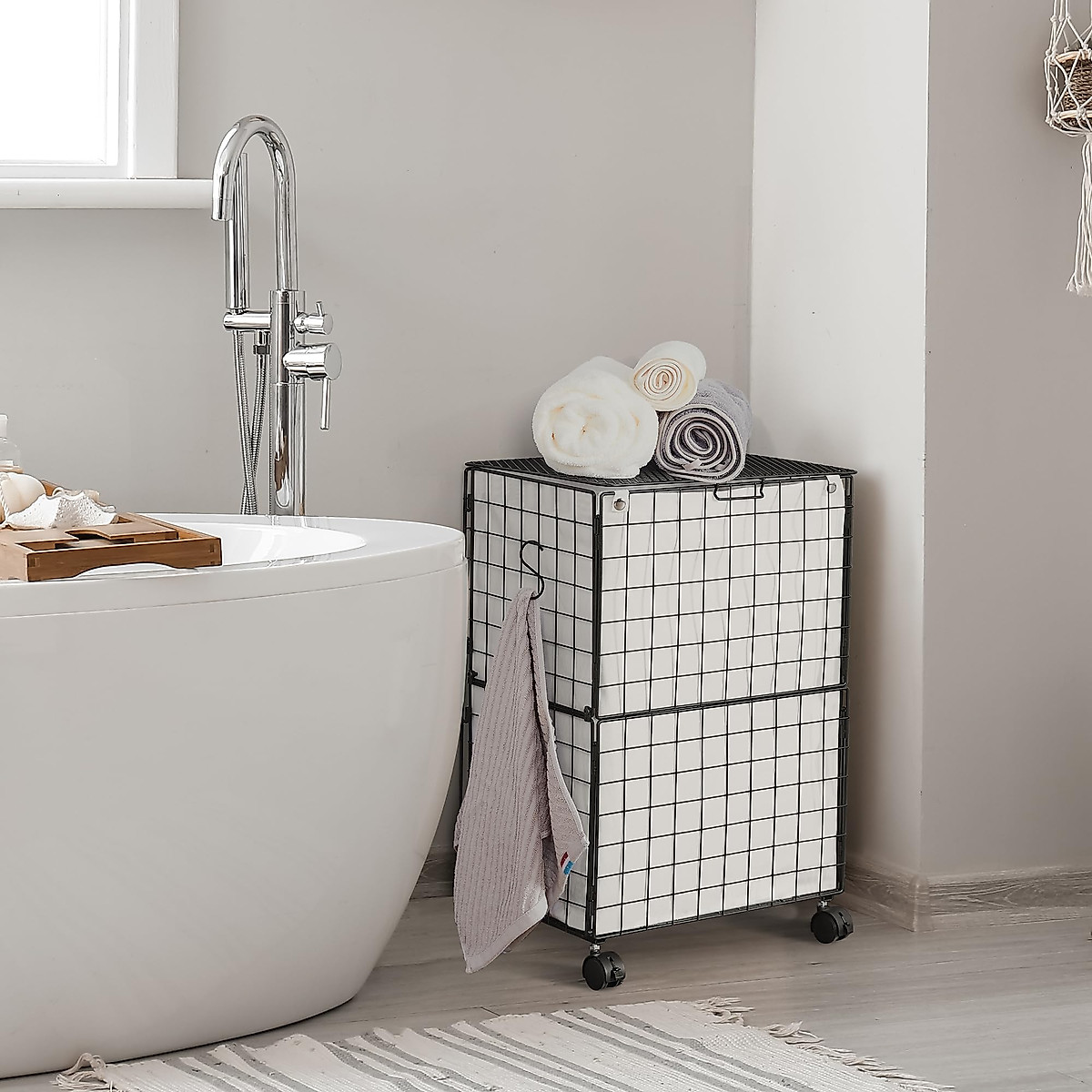 ELYKEN 2 Pack Laundry Hamper with Lid and Wheel, Rolling Metal Wire Frame Dirty Clothes Basket for Small Bathroom, 61L Capacity Liner Bag with Handle, Heavy Duty Steel Cover Bedroom Organizer White