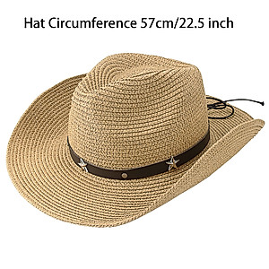 Straw Cowboy Hat for Women Men Western Sun Hat Wide Brim Summer Belt Cowgirl Hats(M-L) Khaki