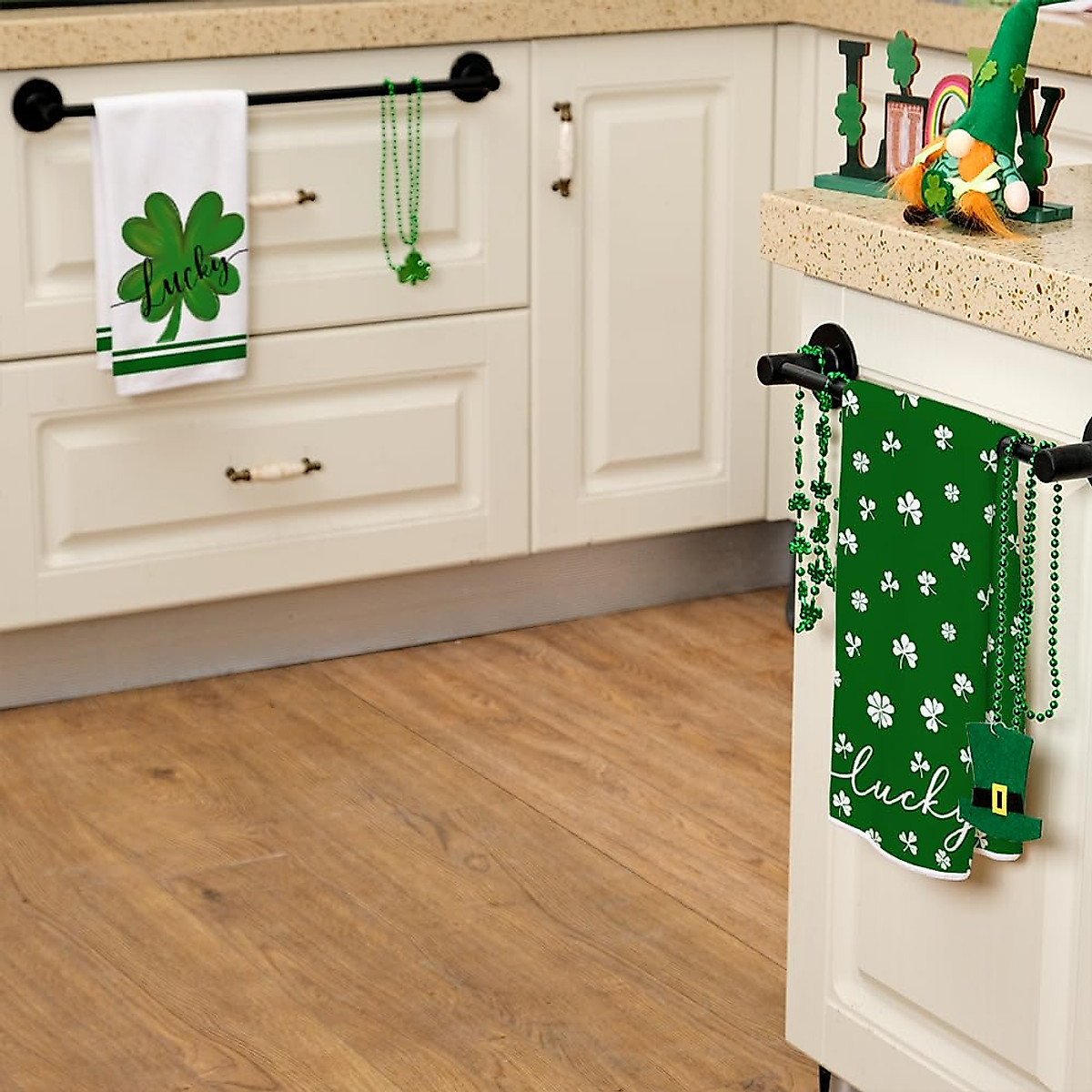 ARKENY St Patricks Day White Shamrock Kitchen Towels Dish Towels St. Patrick's Day Decorations for Home Drying Cloth Lucky Sign 18x26 Inch Stripe Hand Towel for Cooking Set of 2