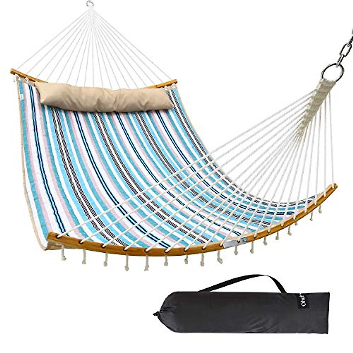 Double Hammock Swing Quilted Fabric, Ohuhu 2 Person 11 FT Portable Hammocks with Folding Bamboo Spreader Bar & Pillow, Large Hammock Bed for Indoor Outdoor, Tree Hammock for Yard Porch Garden Balcony