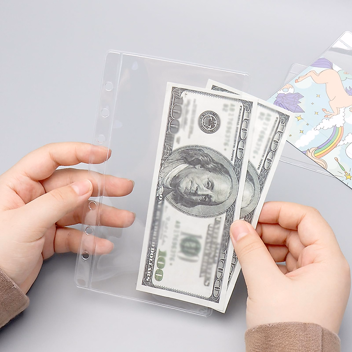 12pcs A6 Binder Pockets Zipless Clear Cash Envelopes Loose Leaf Binder Sleeves PVC Sheet Protectors 6 Holes for 6 Ring A6 Binder Organizer Photos Cards Bills (Clear A6 Binder Pocket)