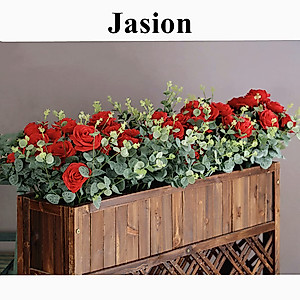 Jasion Artificial Roses 10 Heads Faux Flower Arrangement Silk Bouquet for Home Office Parties and Wedding Decoration (Red)