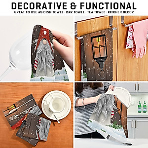 Winter Gnomes Lantern Kitchen Dish Towels Set of 4, Dwarfs Snowflake Landscape Dishcloths Absorbent Lint-Free Towel 18x28Inch Drying Clean Cloths Home Daily Use