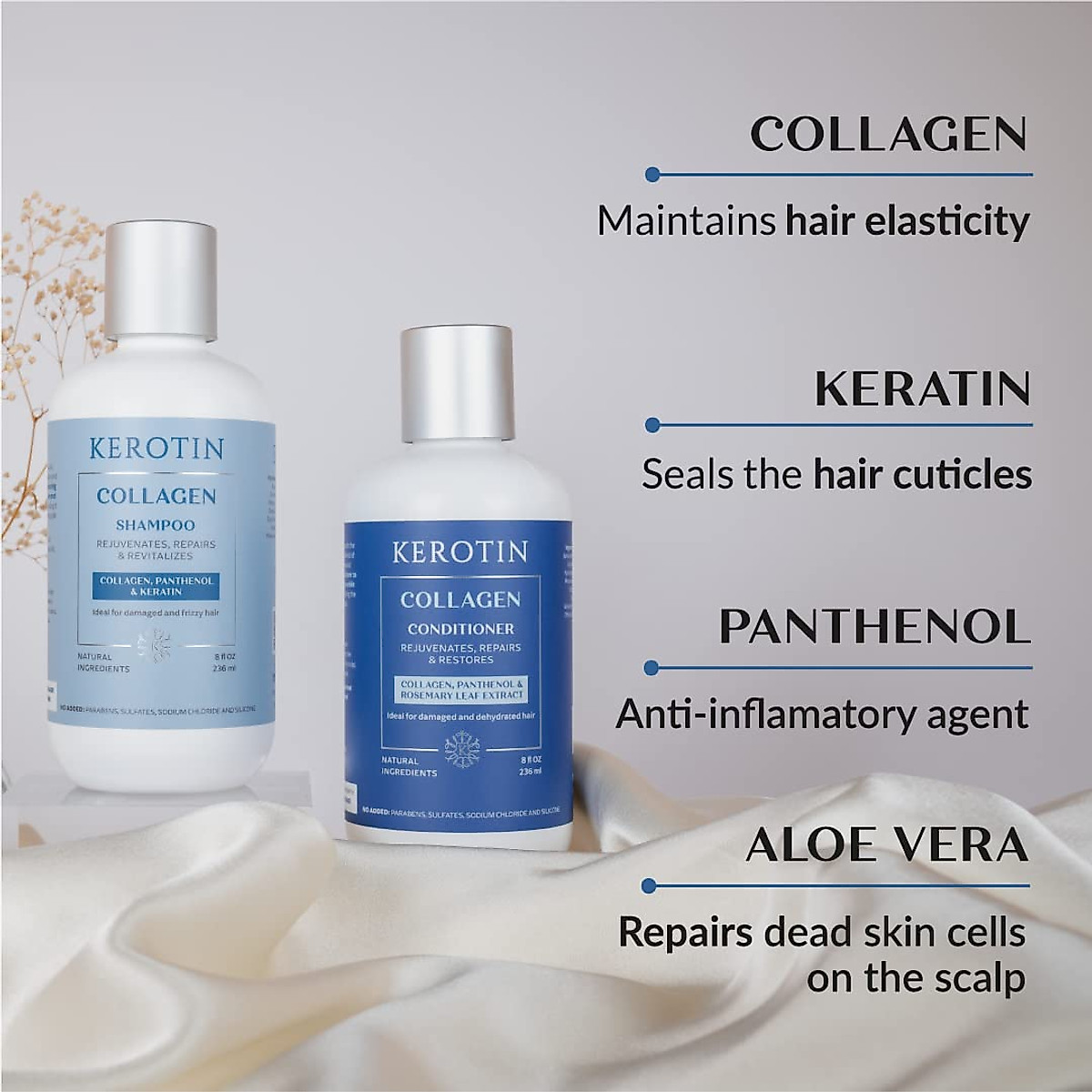 Kerotin Collagen Shampoo and Conditioner - Collagen Hair Treatment Set with Keratin, Rosemary, and Coconut Oil. Repair Damaged Hair, Prevent Breakage and Eliminate Frizz. Made in the USA