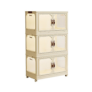 UFORU 3 Tier 84QT/21Gal Stackable Plastic Storage Cabinet Bins with Lids and Wheels, Collapsible Storage Cabinet, Storage Organizer, Folding Storage Box with Doors for Home, Office, Closets