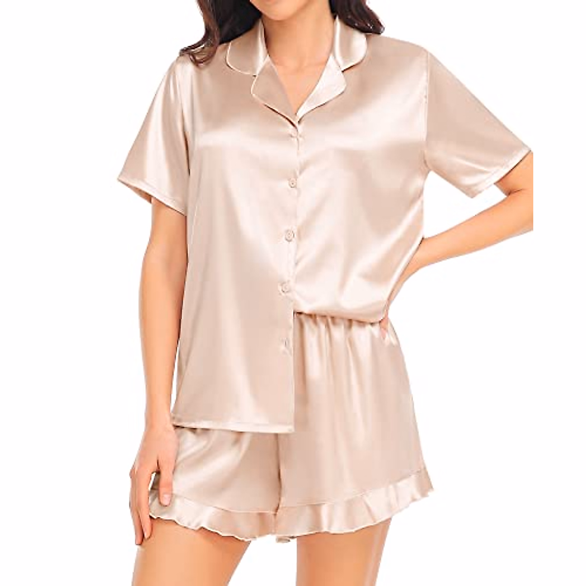SWOMOG Satin Pajamas Women's Short Sleeve Sleepwear Ladies Silk Button Down Nightwear Pjs Shorts Set with Ruffle Hem Champagne