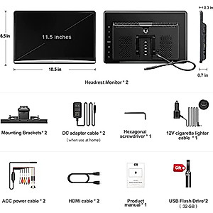 11.5 Inch(2G ram 32G ROM) 5G OTA 4K Android 10.0 Portable Multifunction Car TV Headrest Monitor Tablet Touch Screen 1080P Headset WiFi/Bluetooth/USB/SD/HDMI in+Out/FM/Mirror Link Video Player ((2PC)