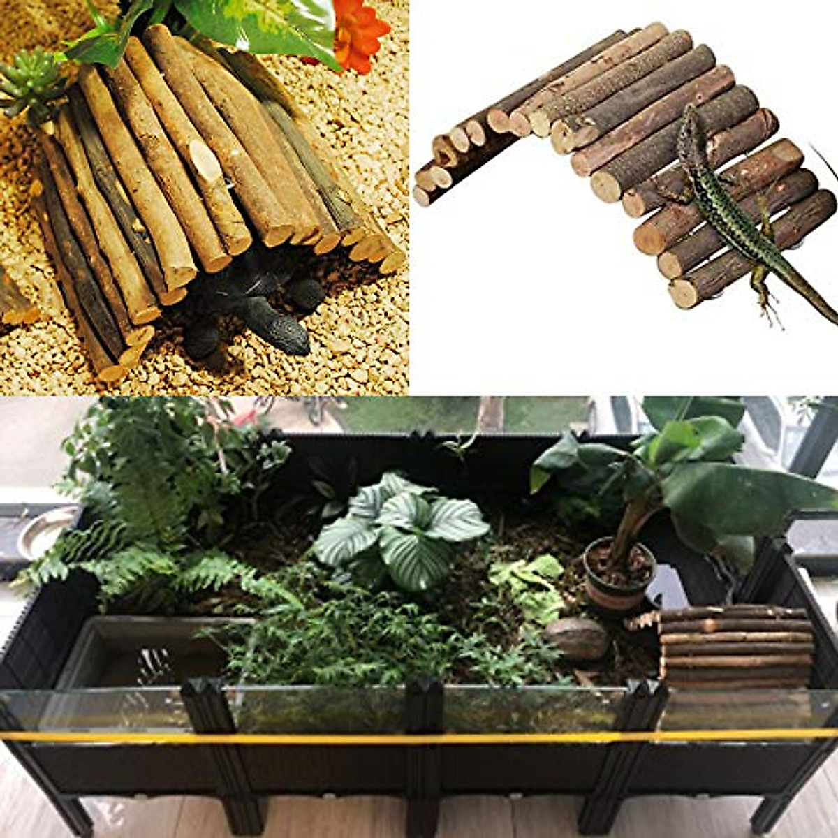 Hamiledyi Wooden Reptile Hideout Bearded Dragon Bendy Bridge Climbing Ladder Hiding Hut Reptiles Hide Cave Habitat Decor for Lizards Gecko Spiders Snakes Tortoise(L:20" x 11.8")