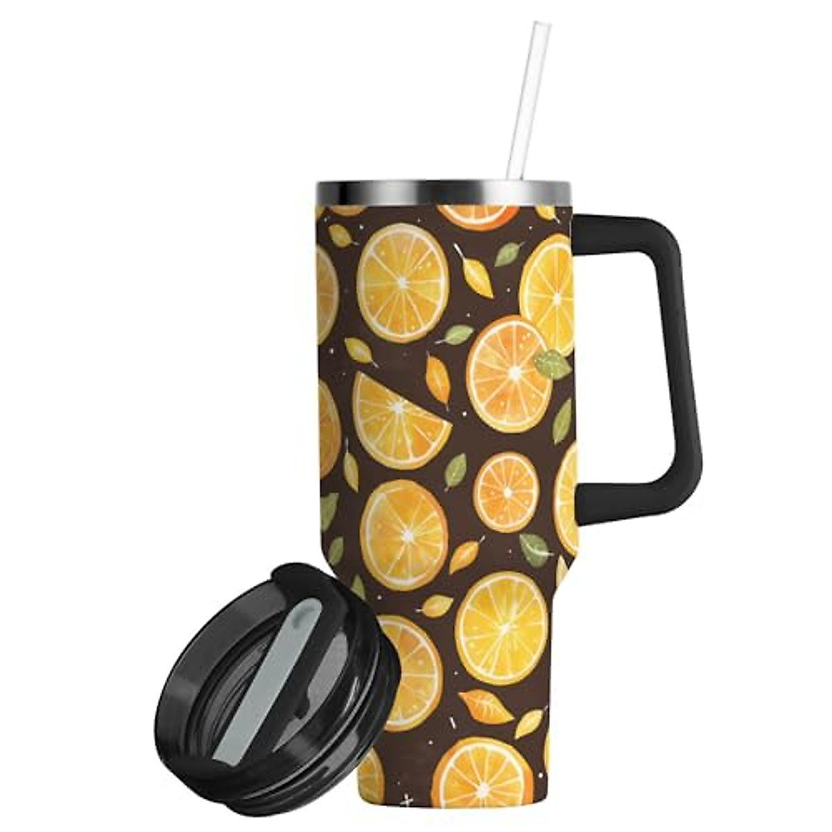 linqin Yellow Grapefruit Dark Vacuum Tumbler Insulated with Lid and Straw 40 oz Water Bottle Wide Mouth Large Coffee Mug for Home, Office or Car