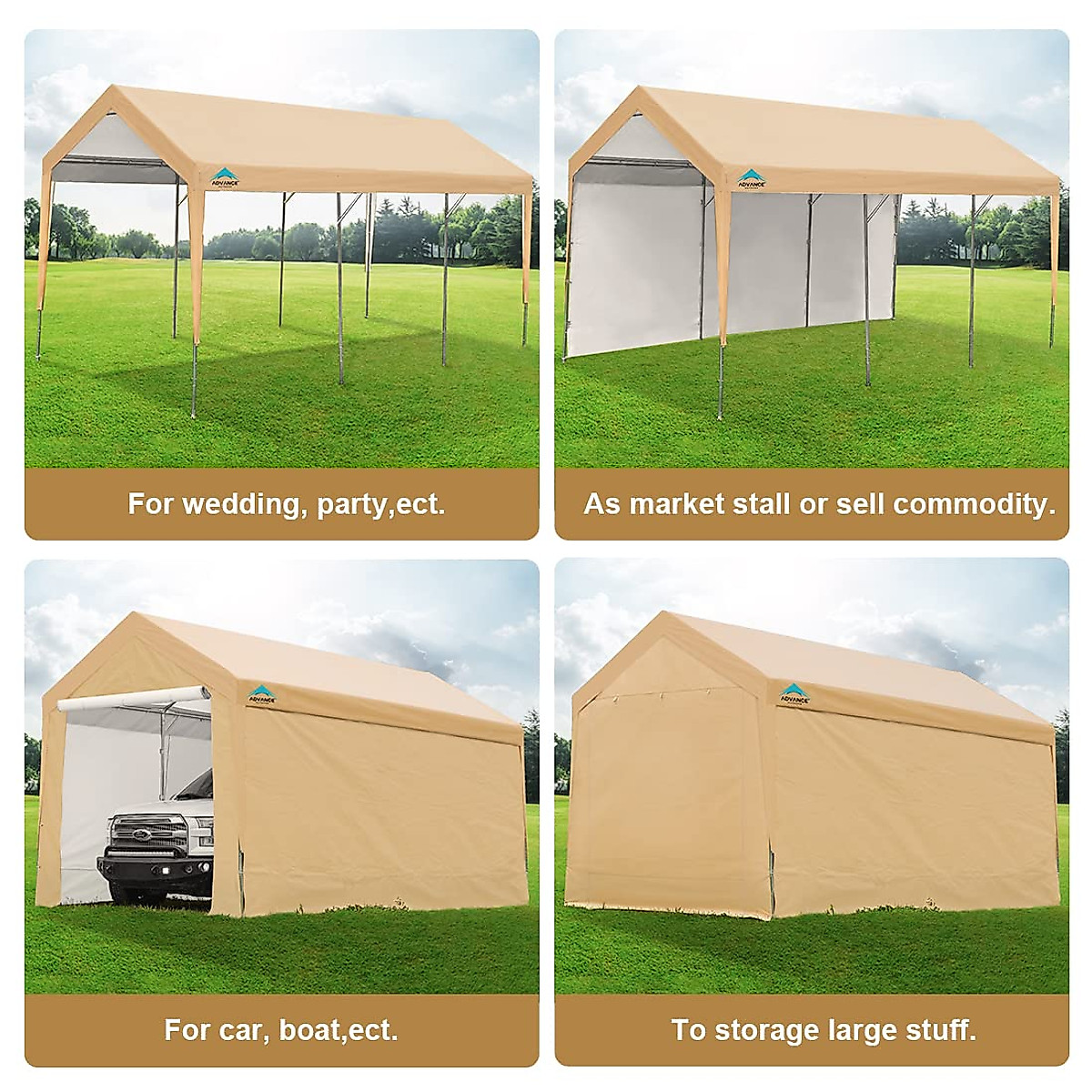 ADVANCE OUTDOOR Adjustable 10x20 ft Heavy Duty Carport Car Canopy Garage Shelter Boat Party Tent, Adjustable Heights from 9.5ft to 11.0ft, Removable Sidewalls and Doors, Beige