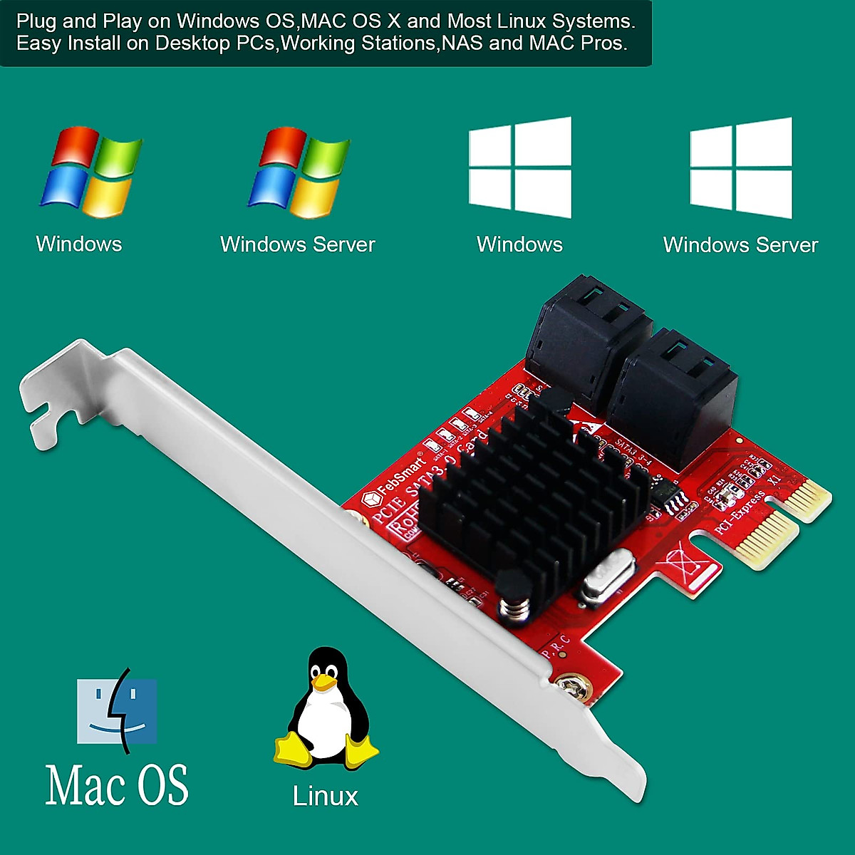 FebSmart PCIE 3.0 to 4-Ports 6Gbps SATA III Expansion Card for Desktop PCs, ASMedia ASM1064 None-Raid PCIE 3.0 SATA III Host Controller, Plug and Play on Windows OS, MAC OS, Linux System (FS-S4-Pro)