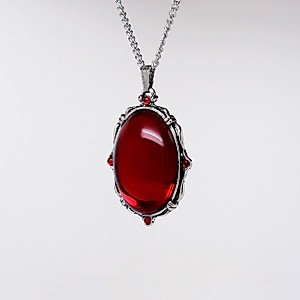 Blood Red Oval Stone In Silver Finish Pewter Frame Pendant Necklace