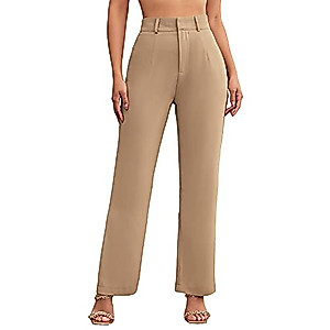 SweatyRocks Women's Elegant High Waist Solid Long Pants Office Trousers Khaki M