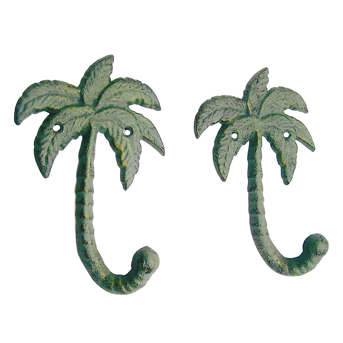 Palm Tree Cast Iron Wall Hooks, Wall Mounted for Hanging Coats, Purses, Towels, Hats, Beach Themed Wall Décor, Set of 2, 6.5 Inches High (Verdigras)