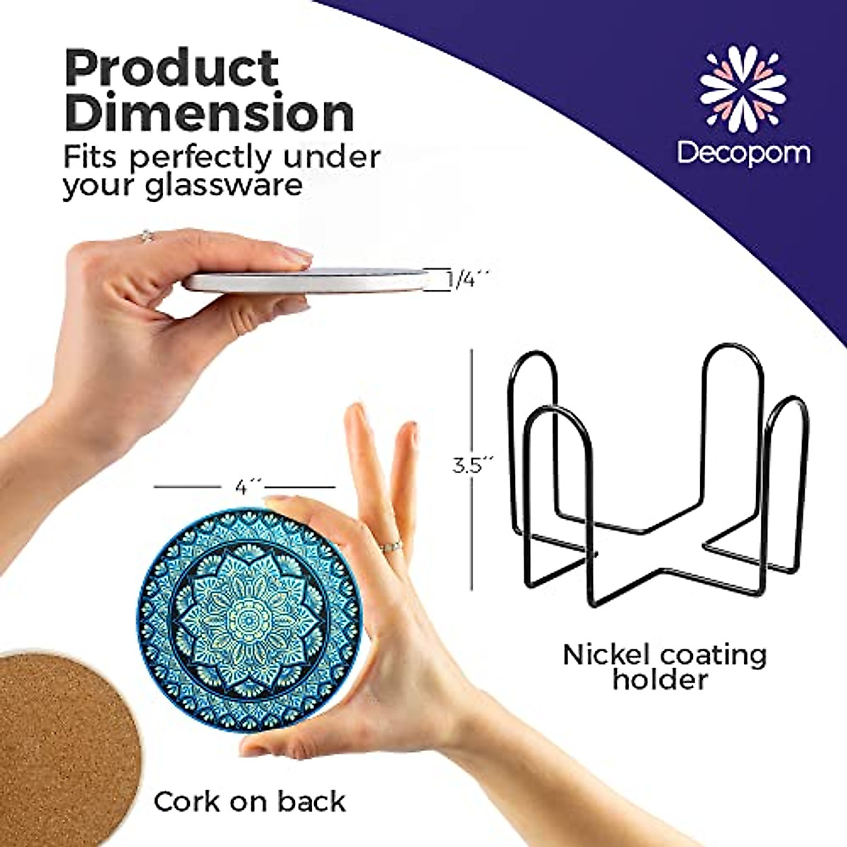 Mandala Drink Coasters with Holder - 8 Set Ceramic Boho Coasters for Drinks Absorbent with Cork Base and Black Holder - Coasters for Coffee Table Apartment Wooden Bar Mug Glasses Cup Beer