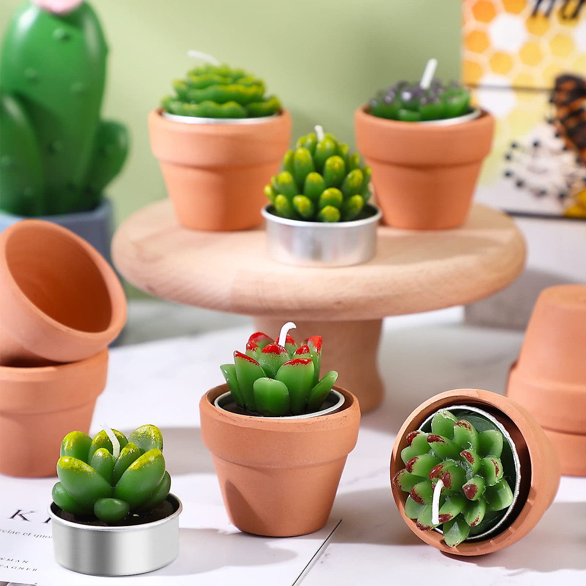 6 Pcs Succulent Candles Decorative Cactus Tealight Candle Novelty Tea Lights Handmade Baby Shower Candle Decorations Stylish Plant Candle with Mini Terracotta Clay Candle Holders for Birthday Wedding