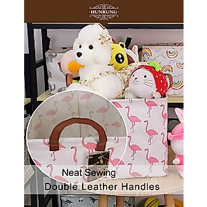 HUNRUNG Square Storage Bins Nursery Hamper Canvas Laundry Basket Foldable with Waterproof Nursery Boxes for Shelves/Gift Baskets/Toy Organizer/Office, Bedroom (Square-Pink Flamingos)