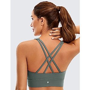 CRZ YOGA Womens Butterluxe Strappy High Neck Longline Sports Bra - Wireless Criss Cross Back Padded Workout Cropped Top Grey Sage Large