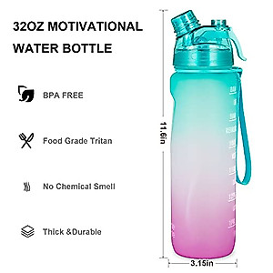 BOTTLE BOTTLE 32 oz Motivational Water Bottle with Time Marker - Water Bottle with Spray Mist Leakproof Drink Water Bottle for Office Gym Running Workout Outdoor Sport(Green Purple)