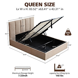 VELOCAVA Queen Size Lift-Up Storage Bed, Hydraulic Linen Upholstered Bed Frame with Vertical Panel Headboard, Wooden Slat Support, No Box Spring Needed, Easy Assembly, Soft Bed, Beige