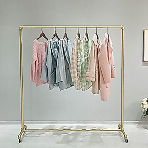 DYRABREST Industrial Pipe Clothing Rack 47 x 63 Inch Gold Vintage Garment Racks with Wheels, Heavy Duty Metal Clothes Display Rack Rolling Rack for Hanging Clothes Retail Display