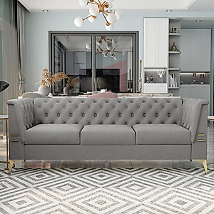 kevinplus 82.6'' Chesterfield Sofa Couch for Living Room, Classic Modern Velvet 3-Seat Upholstered Sofa Couch for Apartment Bedroom Office, Strong Gold Metal Legs, Light Grey
