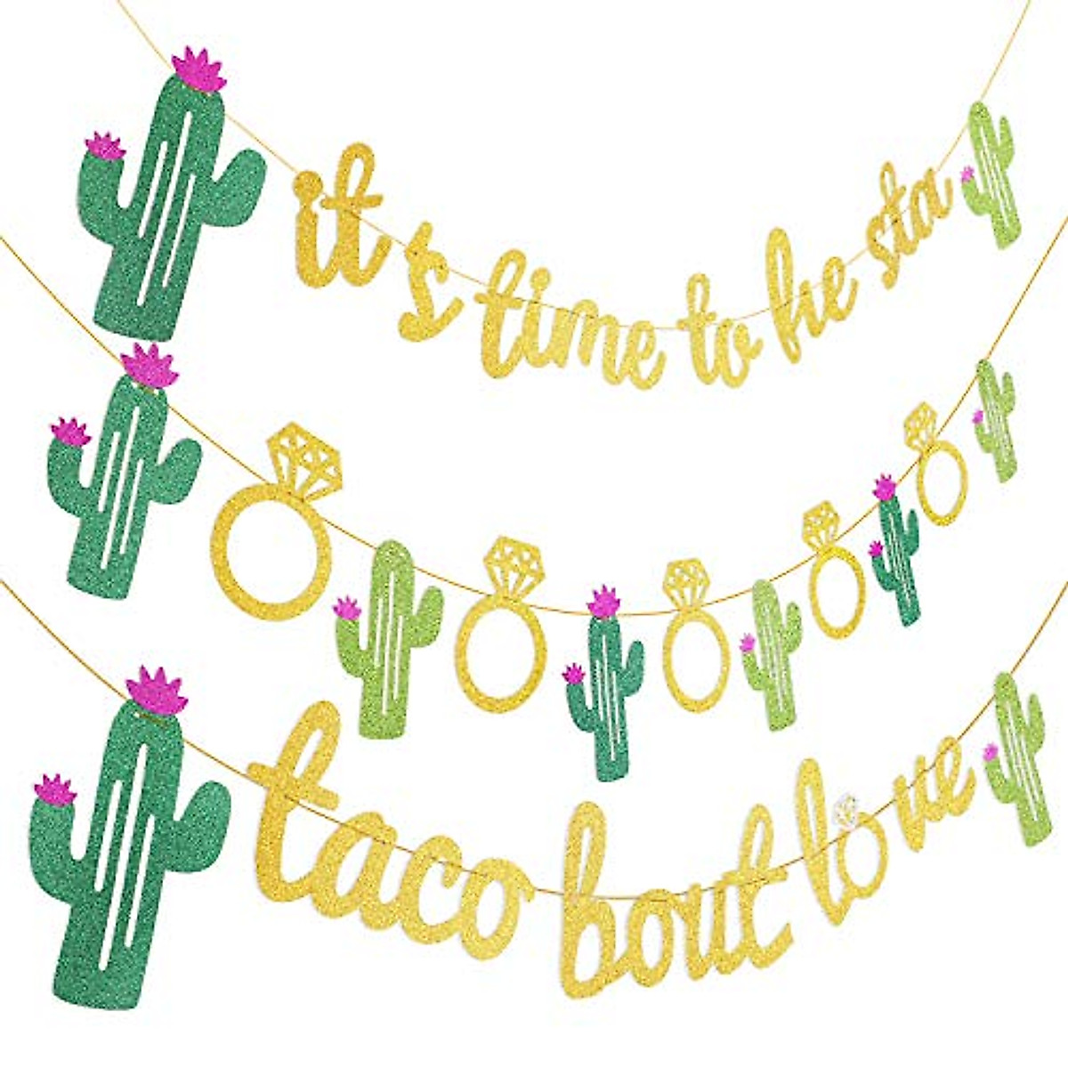 3 Pieces Mexican Fiesta Glitter Banner Taco Bout Love It's Time to Fiesta Cactus Pattern Garland Flag for Baby Shower Bridal Wedding Engagement Party Decorations