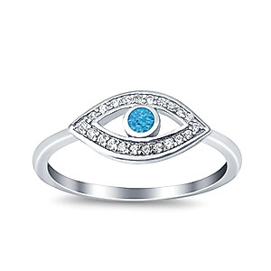 Lab Created Blue Opal Size-4 Evil Eye Ring Round Simulated Cubic Zirconia 925 Sterling Silver